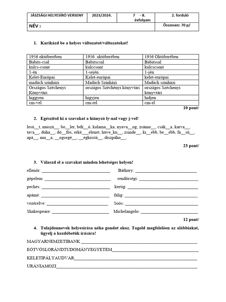 JHV 7-8. O. 2. Forduló Feladatlap | PDF