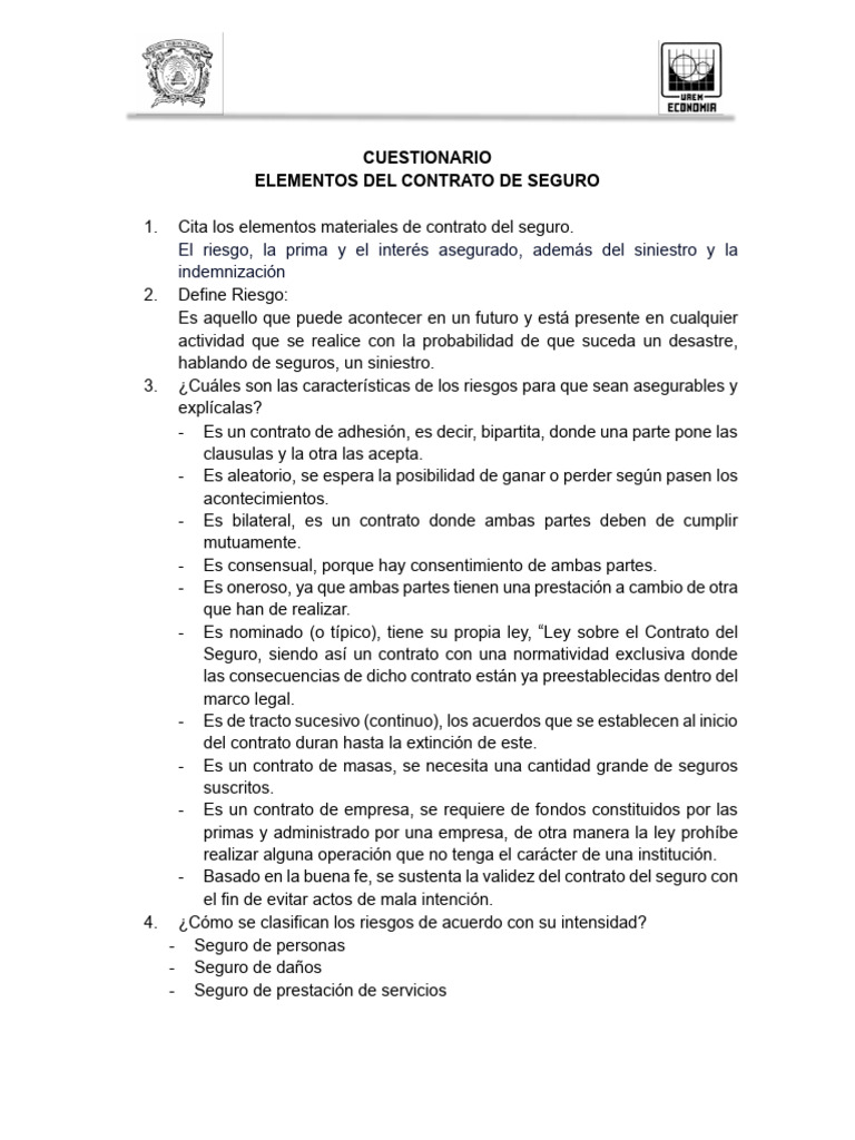 Cuestionarios-Elementos Del Cto de Seg | PDF | Póliza de seguros | Seguro