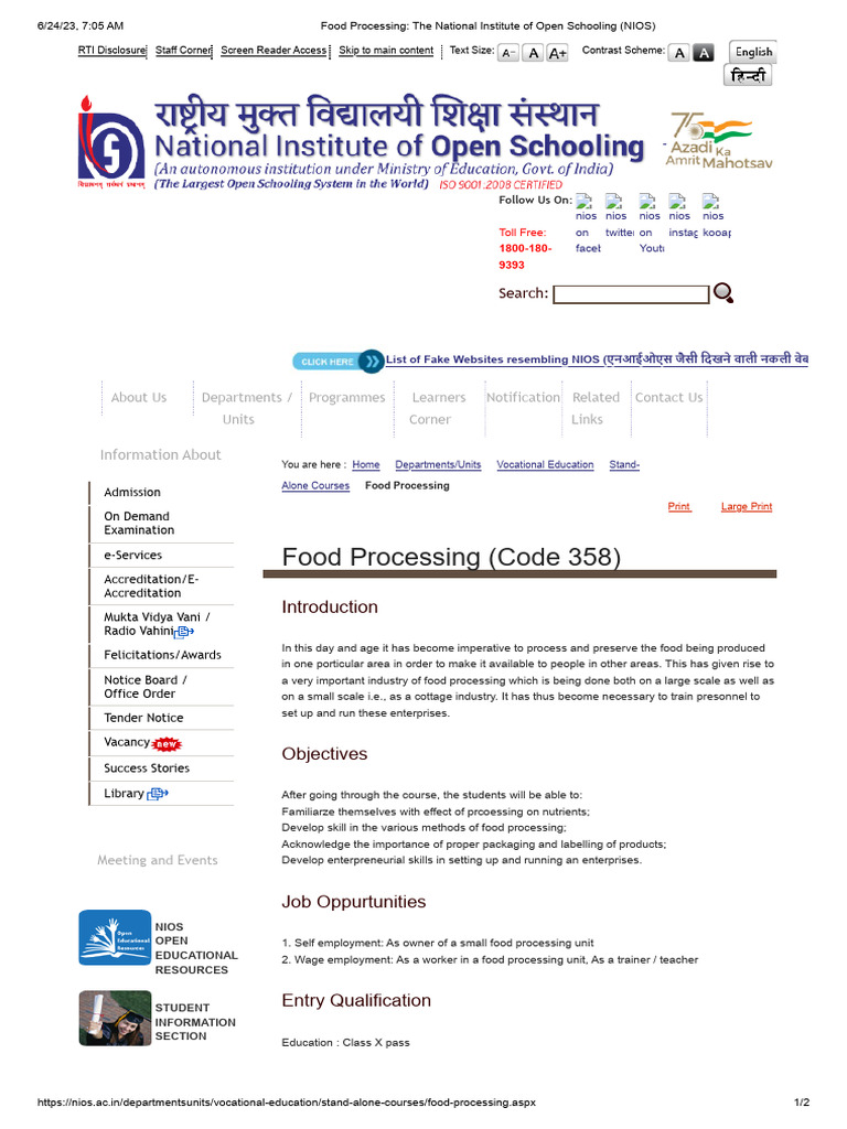 Food Processing - The National Institute of Open Schooling (NIOS) | PDF