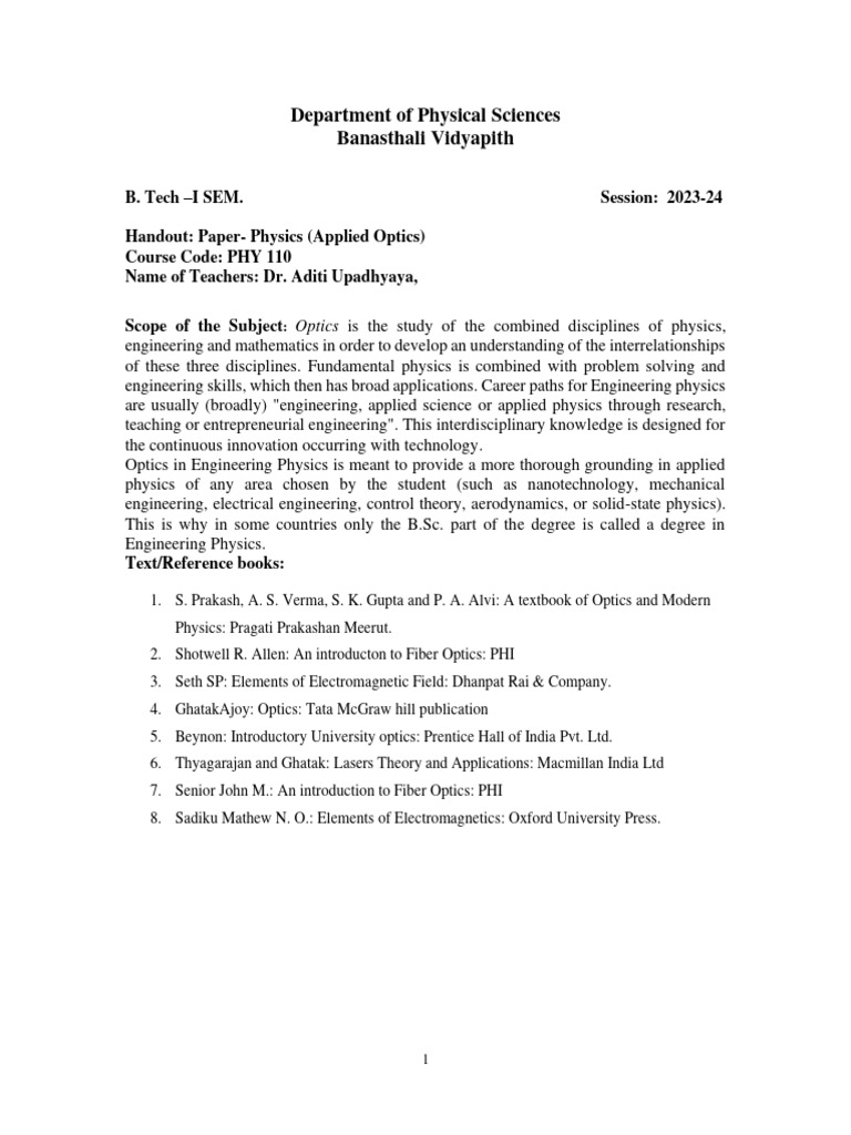 Applied Optics Handout | PDF | Diffraction | Applied And Interdisciplinary Physics