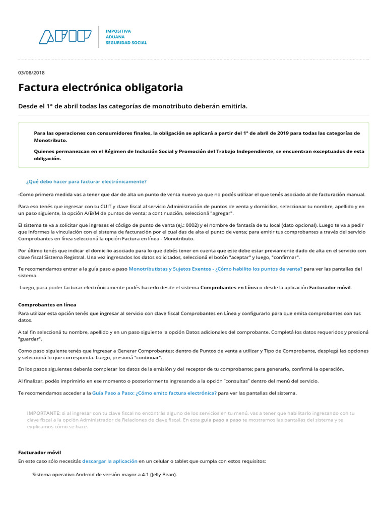 Afip - Factura Electronica Obligatoria | PDF | Aplicación movil | Software