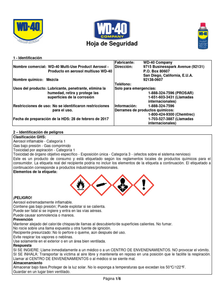 Hoja de Seguridad WD-40 Aerosol | PDF | Aerosol | Combustibles