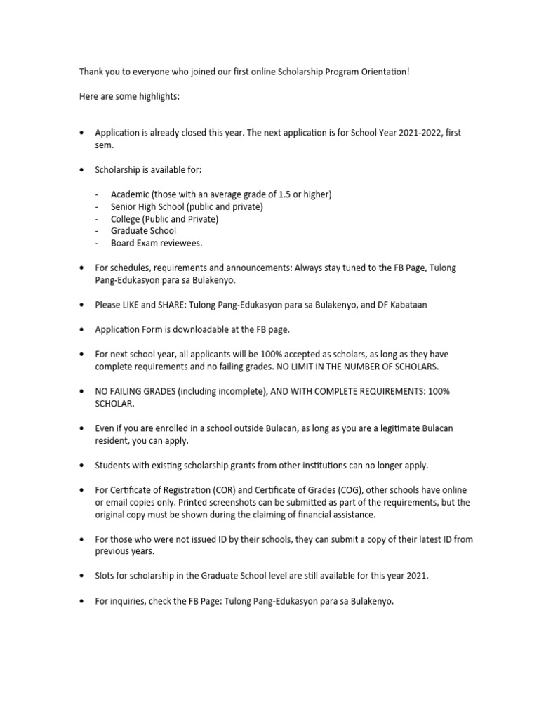 Bulacan Scholarship Program 2025 Overview | PDF