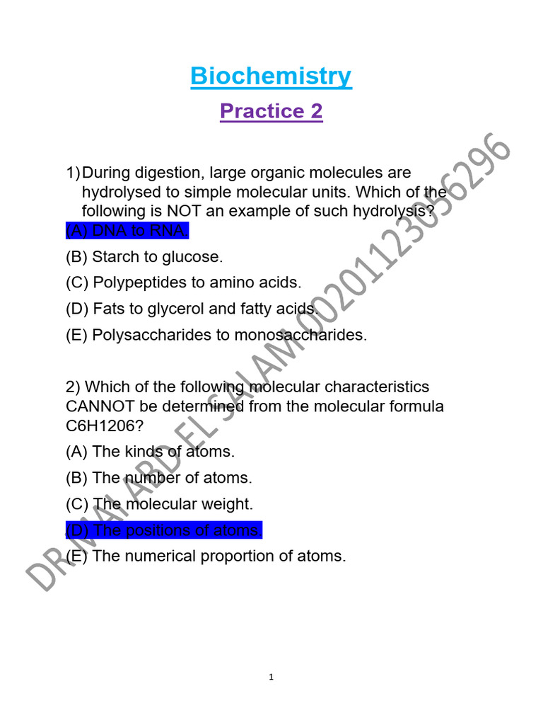 Biochemistry Practice2 ANSWERS | PDF | Biomolecules | Chemistry