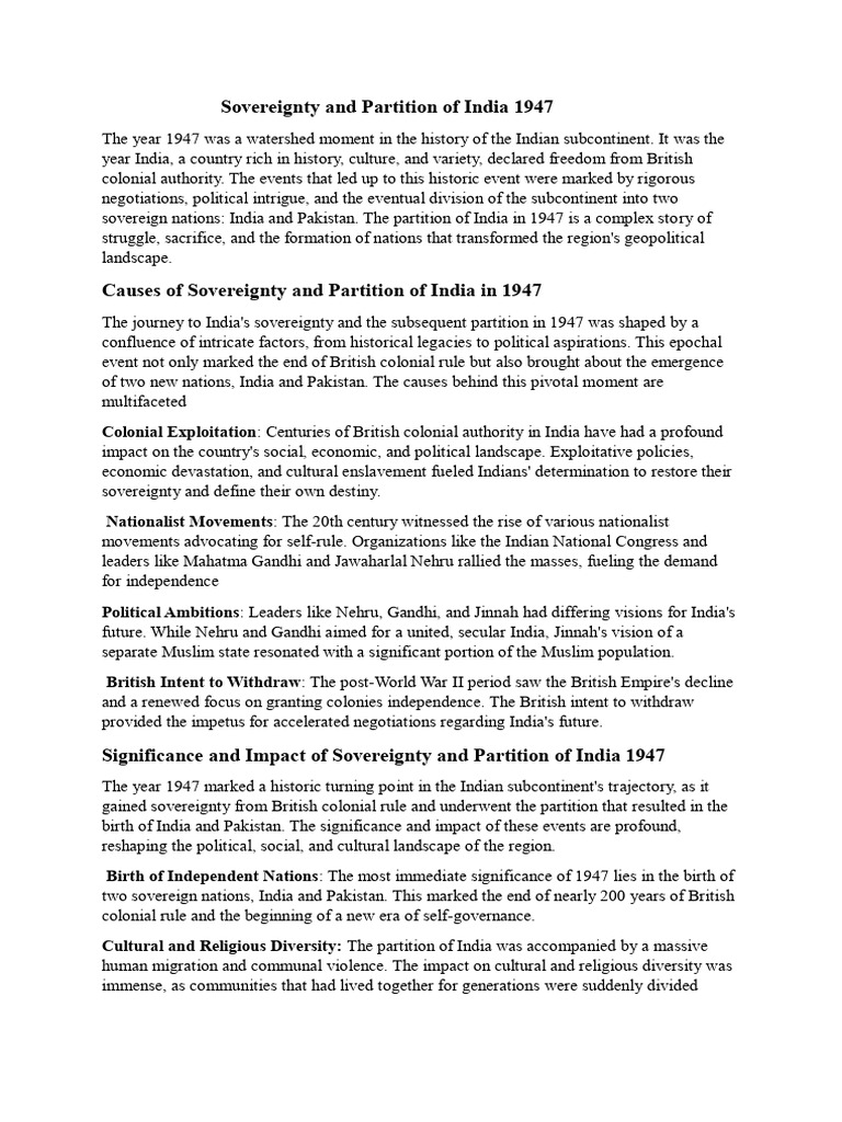 Article On Sovereign and Partition of India 1947 | PDF | Partition Of ...