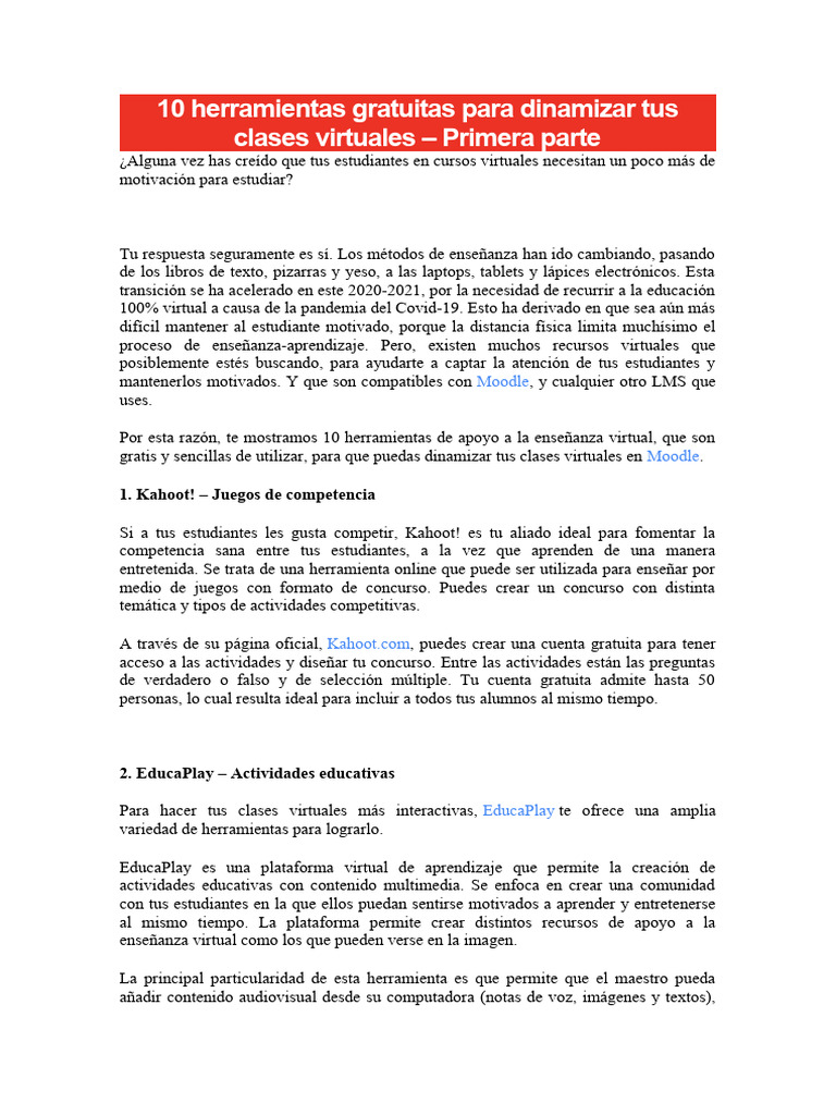 10 Herramientas Gratuitas para Dinamizar Tus Clases Virtuales | PDF | Enseñando | Moodle