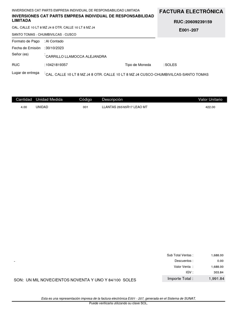 Factura 20609239159 E001 207 | PDF