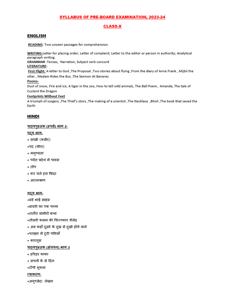 Preboard Syllabus Class 10 | PDF