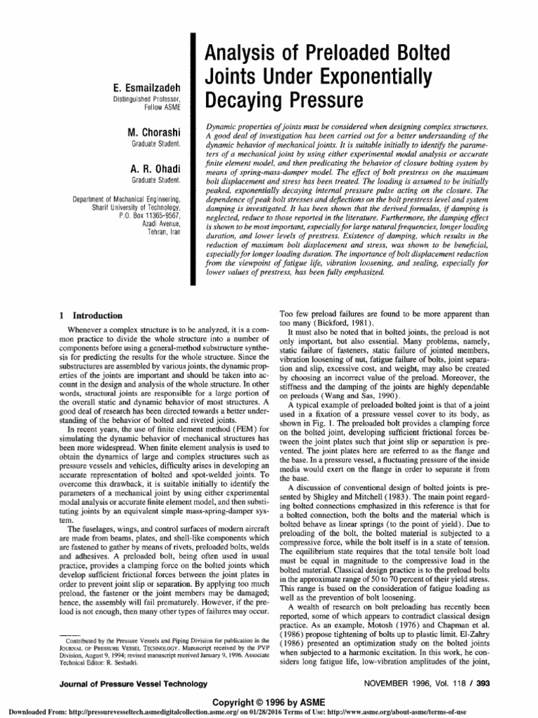Analysis of Preloaded Bolted Joints Under Exponentially Decaying Pressure | PDF | Damping | Friction