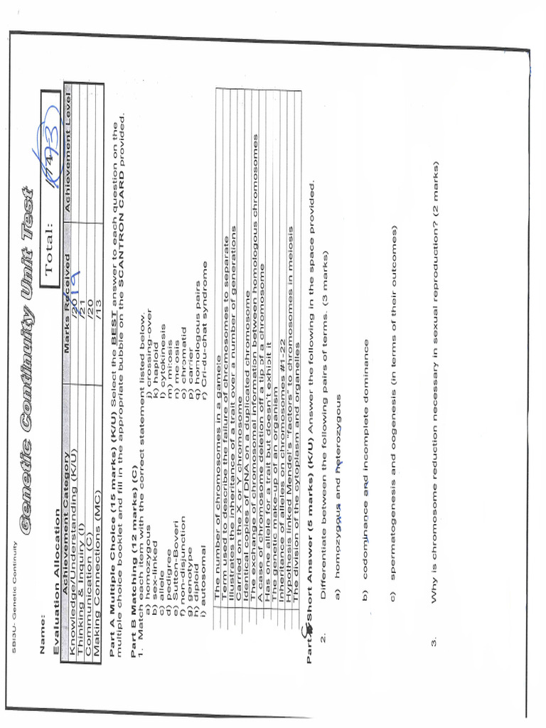SBI3U Genetics Continuity Test 1 | PDF