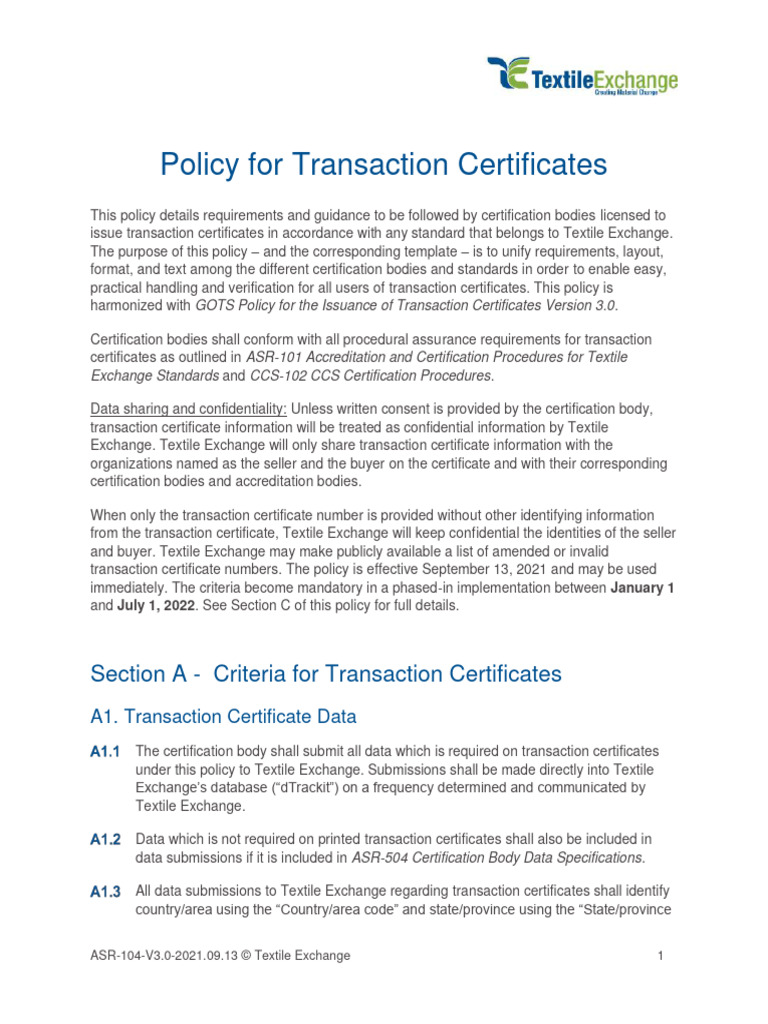 ASR 104 V3.0 Policy For Transaction Certificates | PDF | Public Key ...