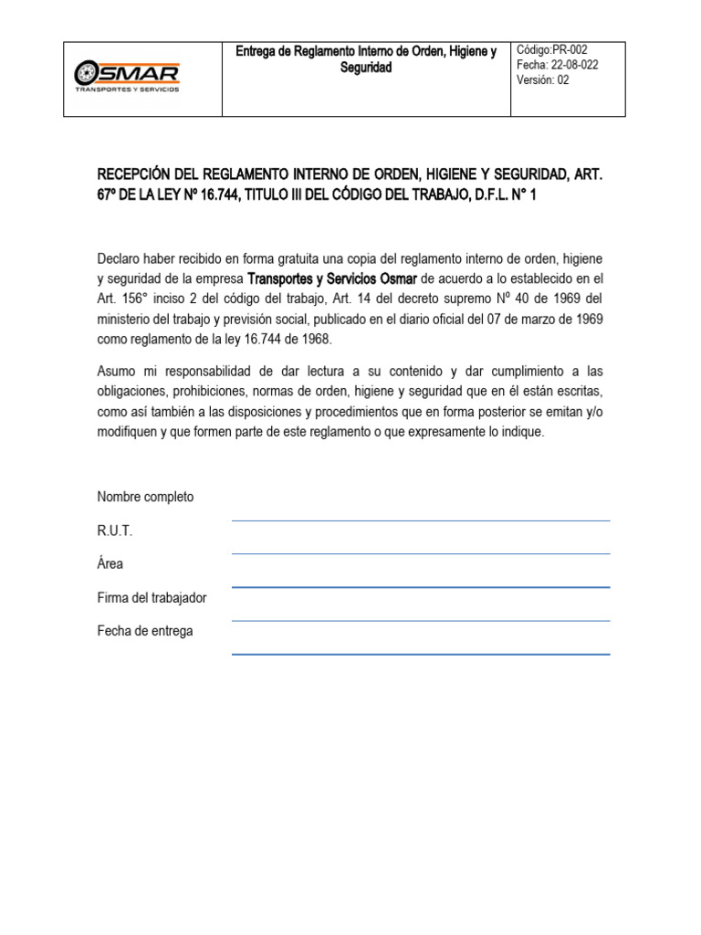 Formato Recepciã - N Del Reglamento Interno de Orden | PDF