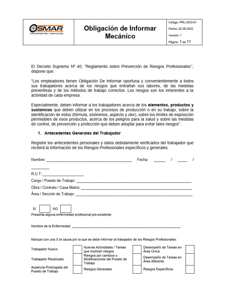 Obligación Informar Riesgos Laborales | PDF | Seguridad y salud ocupacional