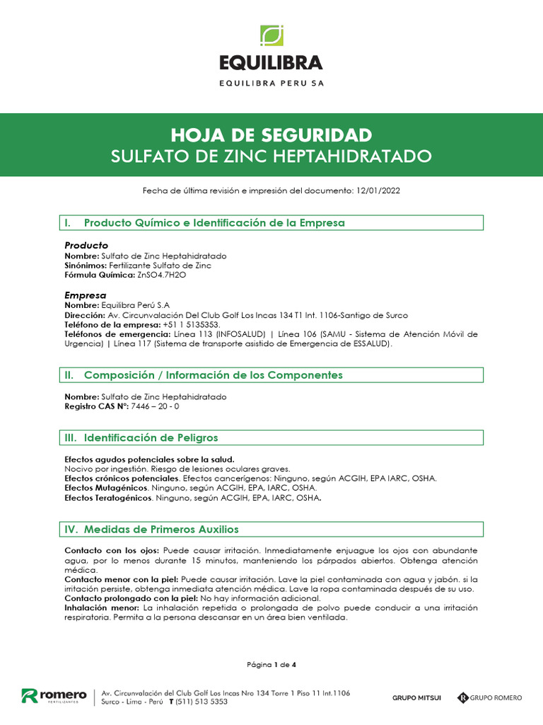 MSDS Sulfato de Zinc Heptahidratado | PDF | Agua | Residuos