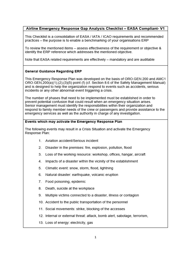 Airline Emergency Response Plan Checklist | PDF | Business