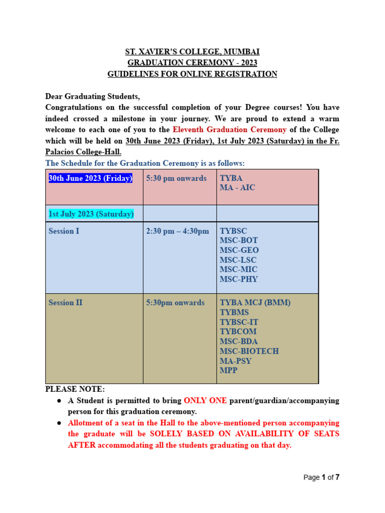 Graduation Ceremony-SXC - 2023 - Guidelines | PDF