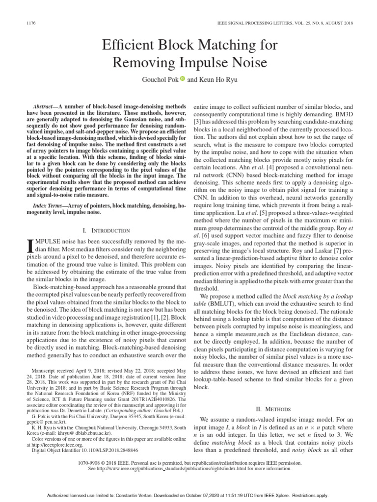 Efficient Block Matching For Removing Impulse Noise: Gouchol Pok and Keun Ho Ryu | PDF