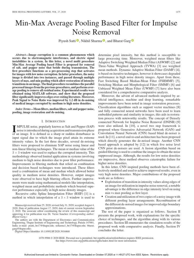 Min-Max Average Pooling Based Filter For Impulse Noise Removal | PDF | Algorithms | Applied ...