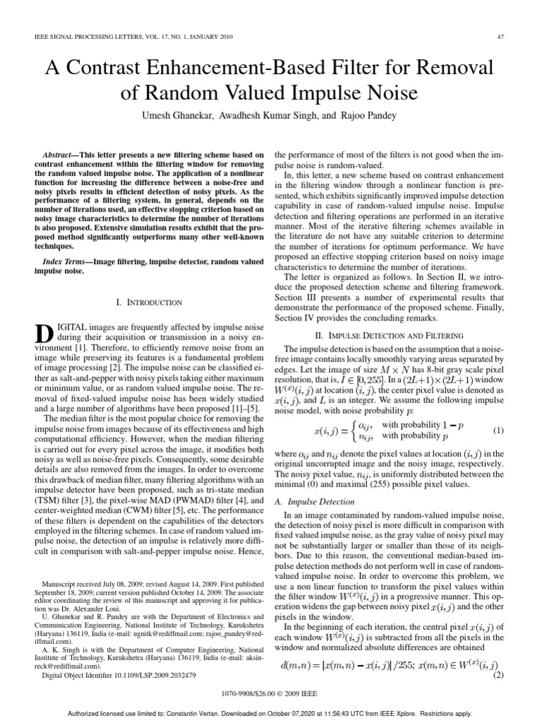 A Contrast Enhancement-Based Filter For Removal of Random Valued Impulse Noise | PDF | Filter ...