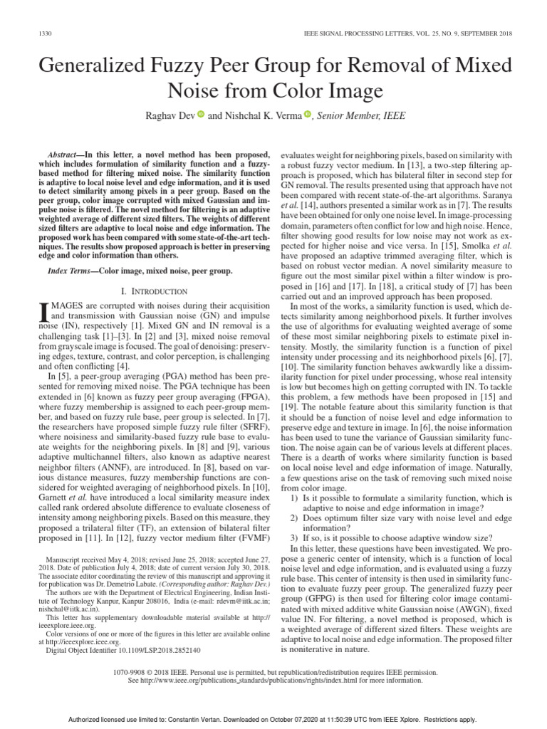 Generalized Fuzzy Peer Group For Removal of Mixed Noise From Color Image | PDF | Signal ...