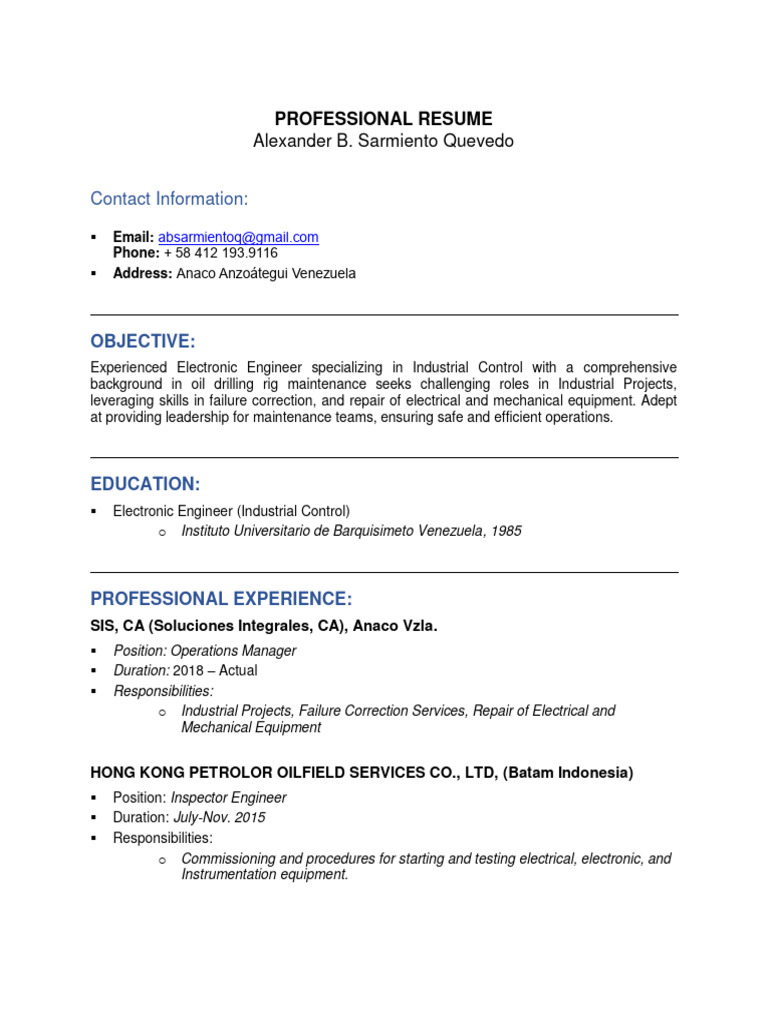 Electronic Engineer Resume - Industrial Control | PDF | Computing