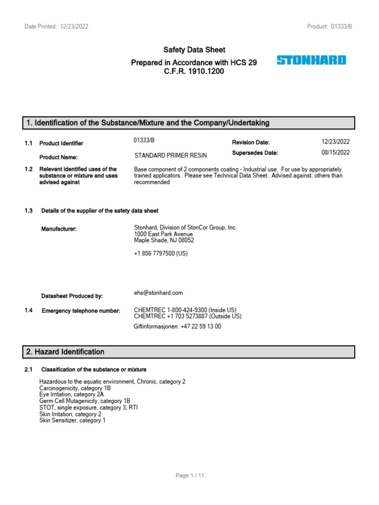 Standard Primer Resin Safety Data Sheet | PDF | Dangerous Goods | Toxicity