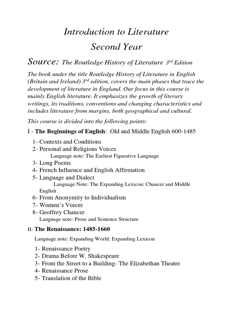 Introduction To Literature Second Year Source:: The Routledge History ...