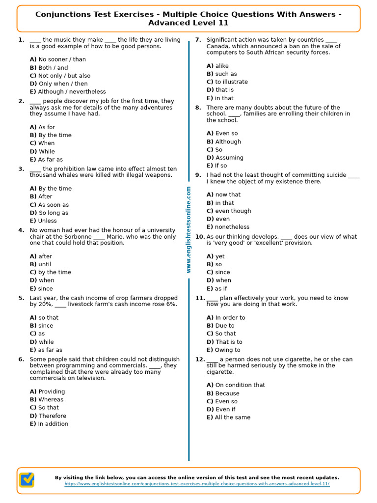 Conjunctions Test Exercises Multiple Choice Questions With Answers ...