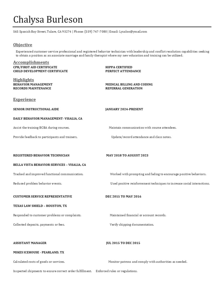 Chalysa Burleson Resume Amft 2024 1 | PDF | Family Therapy | Health Care