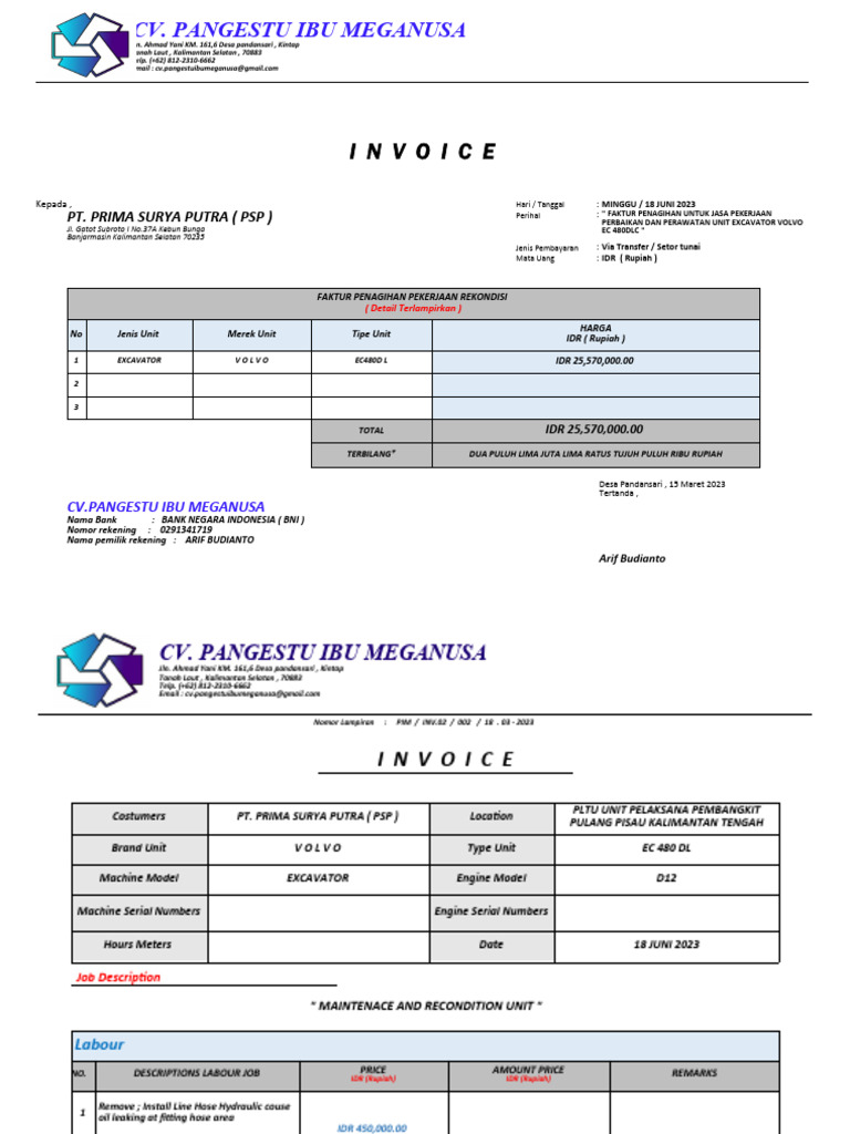 Invoice for Volvo EC480D Maintenance | PDF | Equipment | Machines