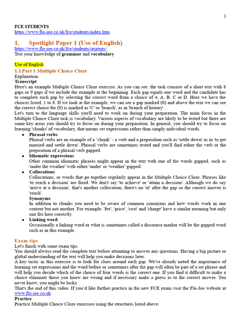 FCE Use of English Strategies and Tips | PDF | Verb | Noun