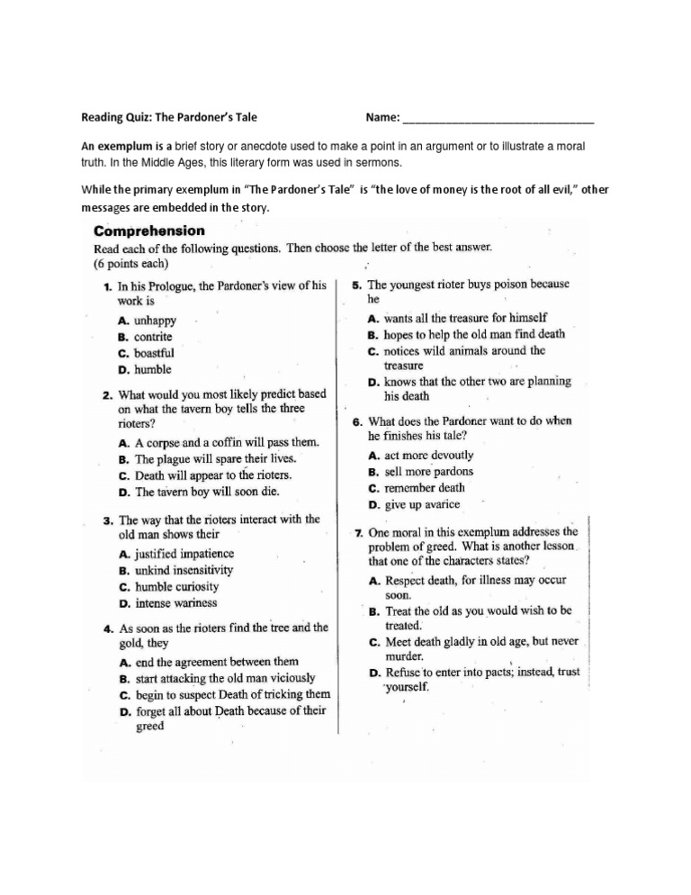 The Pardoner's Tale Quiz Overview | PDF | Philosophy | Poetry