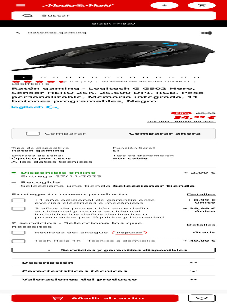 Ratón Gaming Logitech G G502 Hero, Sensor HERO 25K, 25.600 DPI, RGB ...