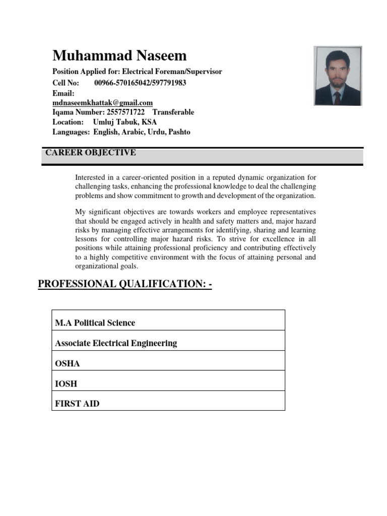 Muhammad Naseem Electrical Supervisor CV | Download Free PDF ...