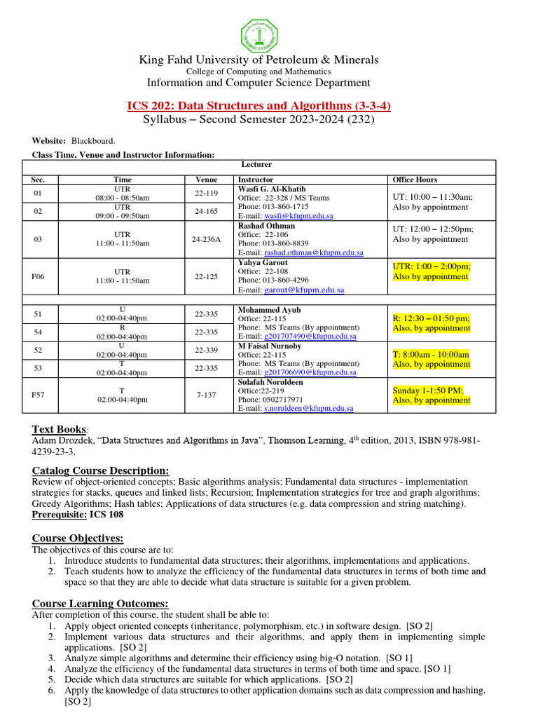 232 ICS202 Syllabus | PDF | Data | Object Oriented Programming