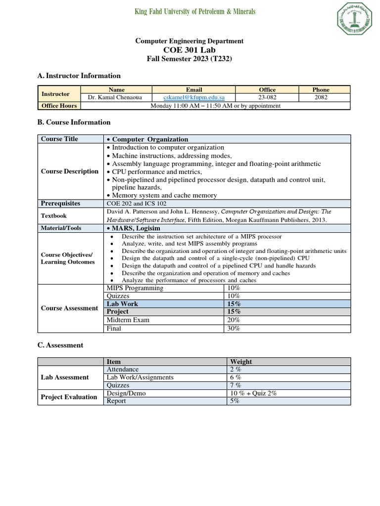 COE301 Lab Syllabus T-232 | PDF | Central Processing Unit | Pointer (Computer Programming)