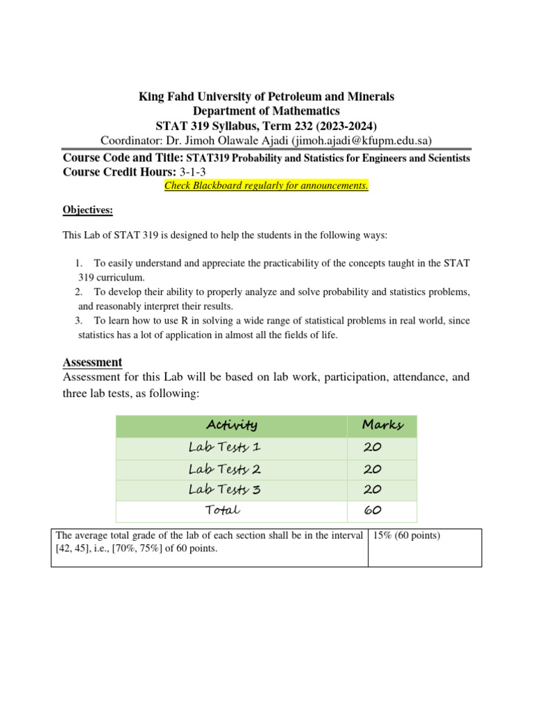 Main LAB Syllabus STAT319 - Term 232 | PDF | Regression Analysis | Variance