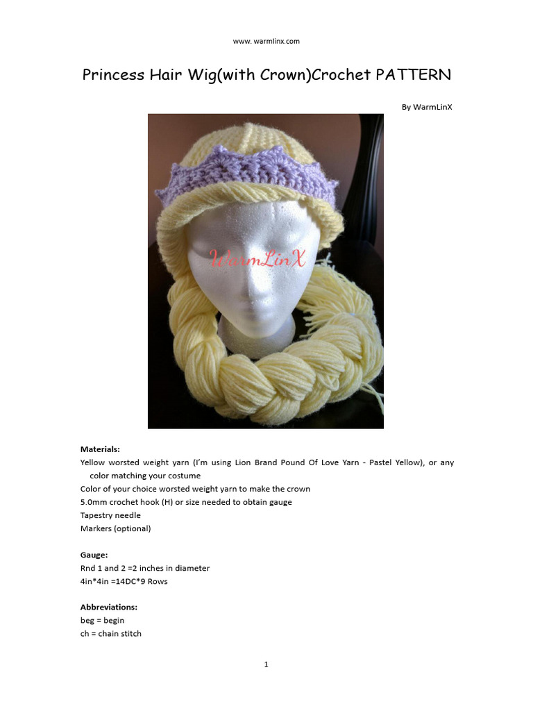 Princess Hair Wig Crochet PATTERN | PDF | Crochet | Yarn