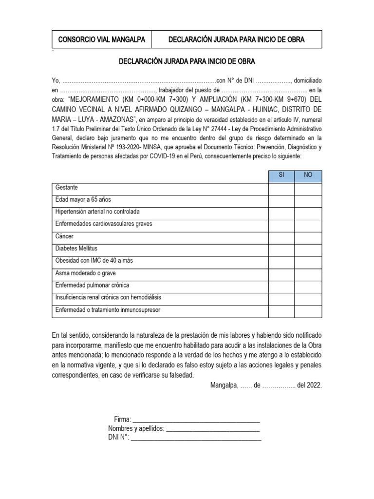 Declaración Jurada de Inicio de Obra | PDF