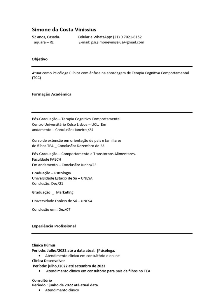 Curriculo Simone | PDF | Psicologia | Terapia cognitiva comportamental