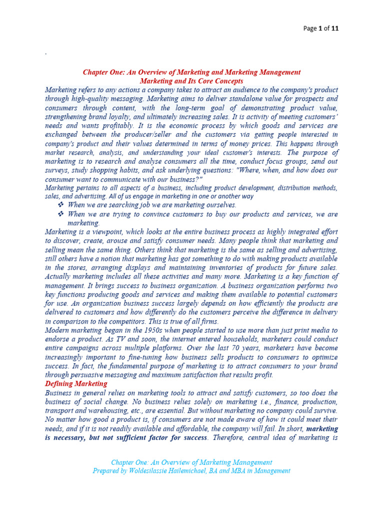 Chapter One Overview of Principles of Marketing | PDF | Marketing | Sales