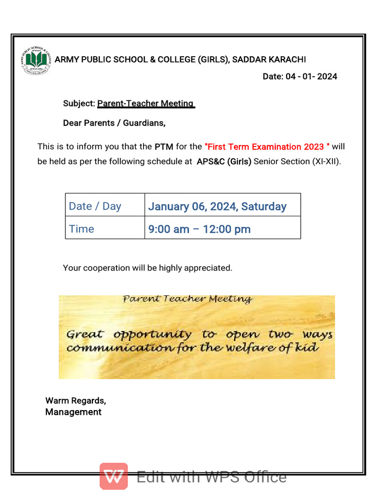 Parent Teacher Meeting Circular 1st Term Exam 2023 | PDF