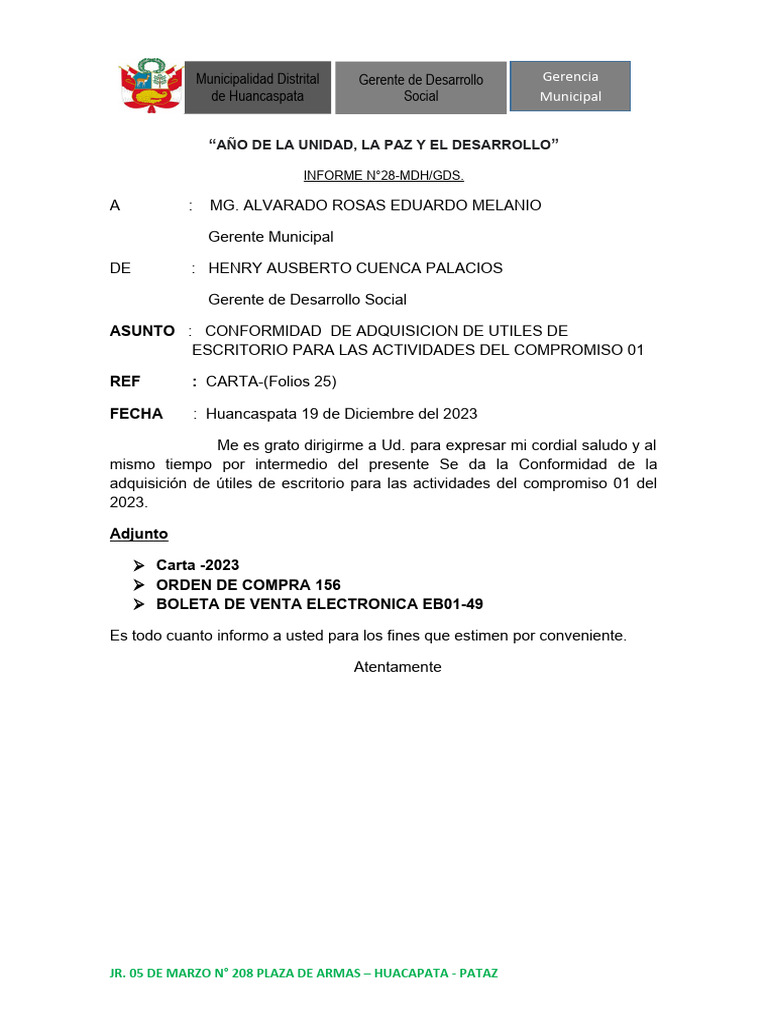 Informe #28 Conformidad Utiles de Escritorio para El Compromiso 01 | PDF