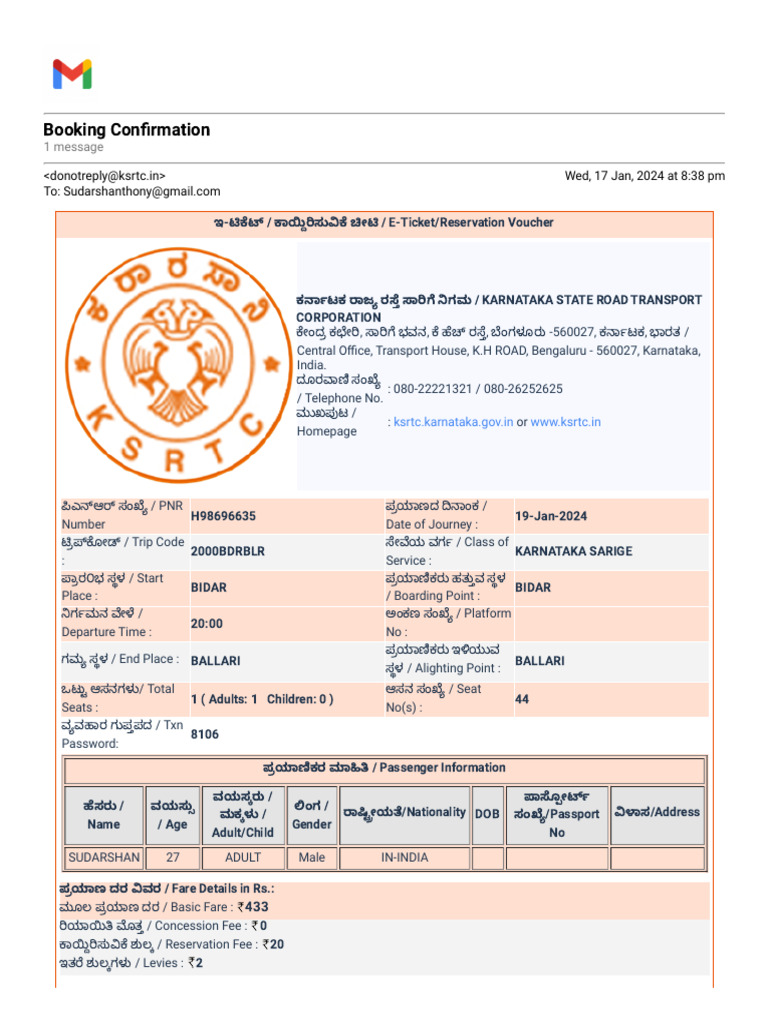 KSRTC Bus Booking | PDF