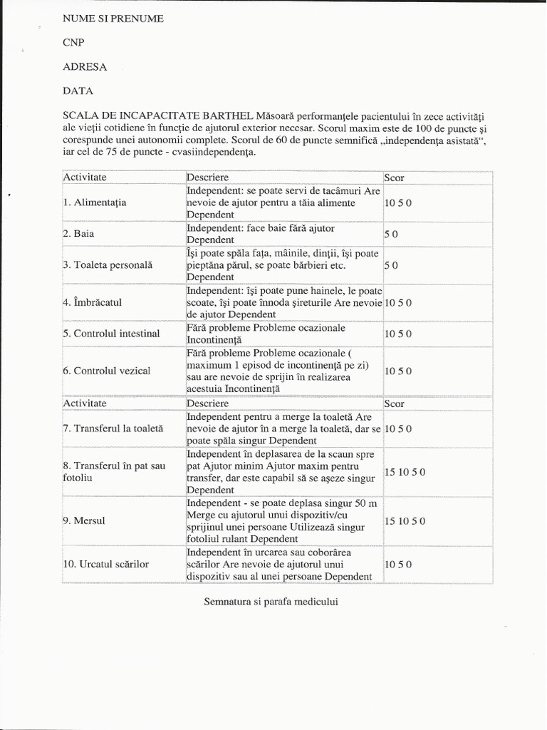Formular Scala de Incapacitate Barthel, Adl Si Iadl | PDF