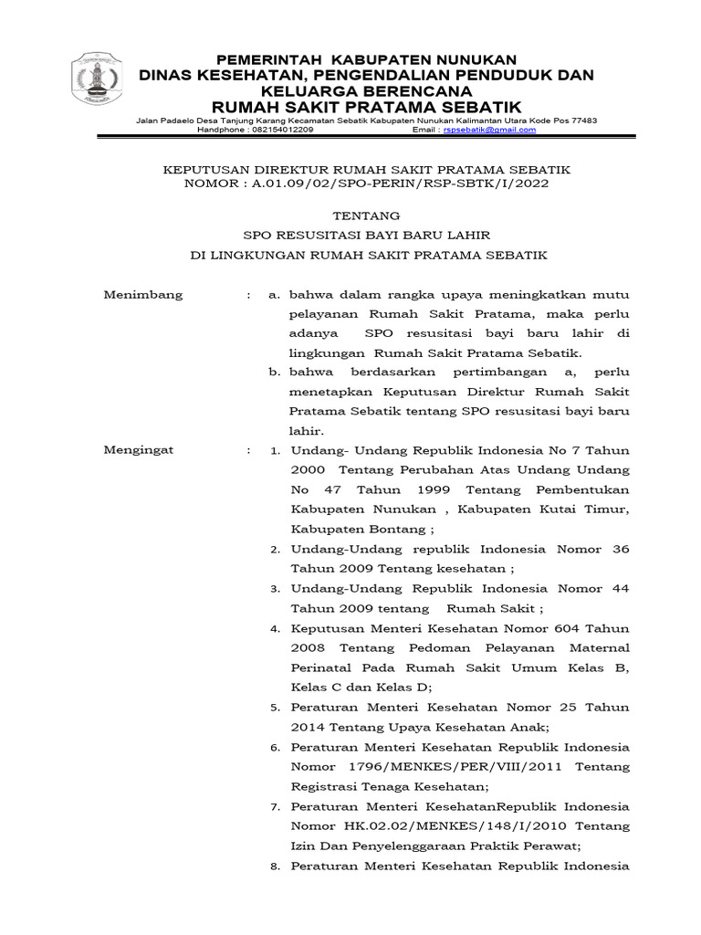 SOP Resusitasi Bayi Baru Lahir RS Sebatik | PDF