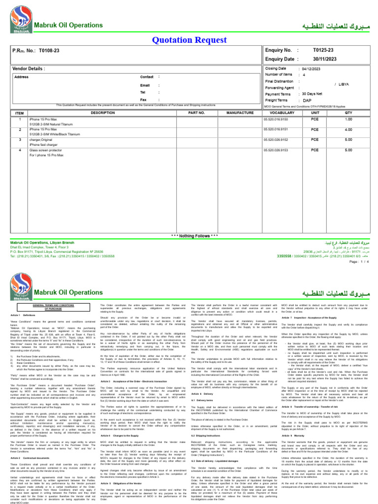 Quotation Request: Mabruk Oil Operations | PDF | Indemnity | Insurance