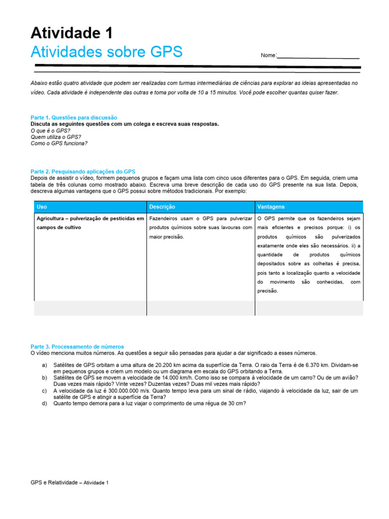 GPS Atividade 1 Atividades Sobre GPS | PDF