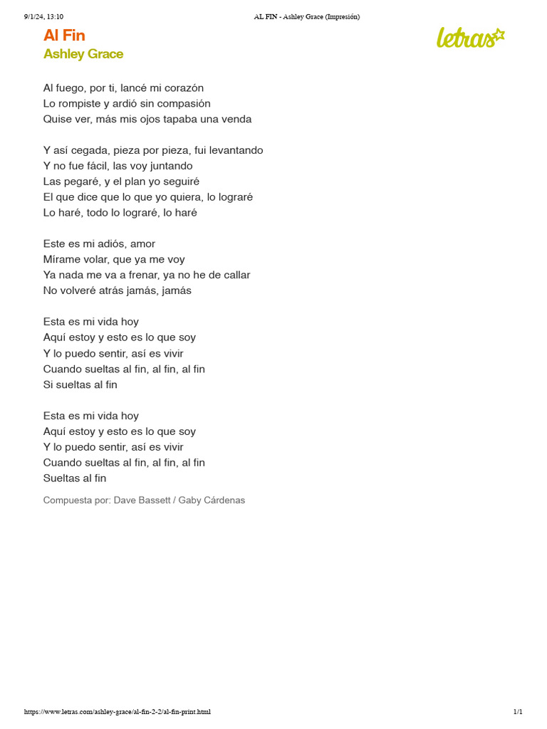 Letra de "Al Fin" - Ashley Grace | PDF