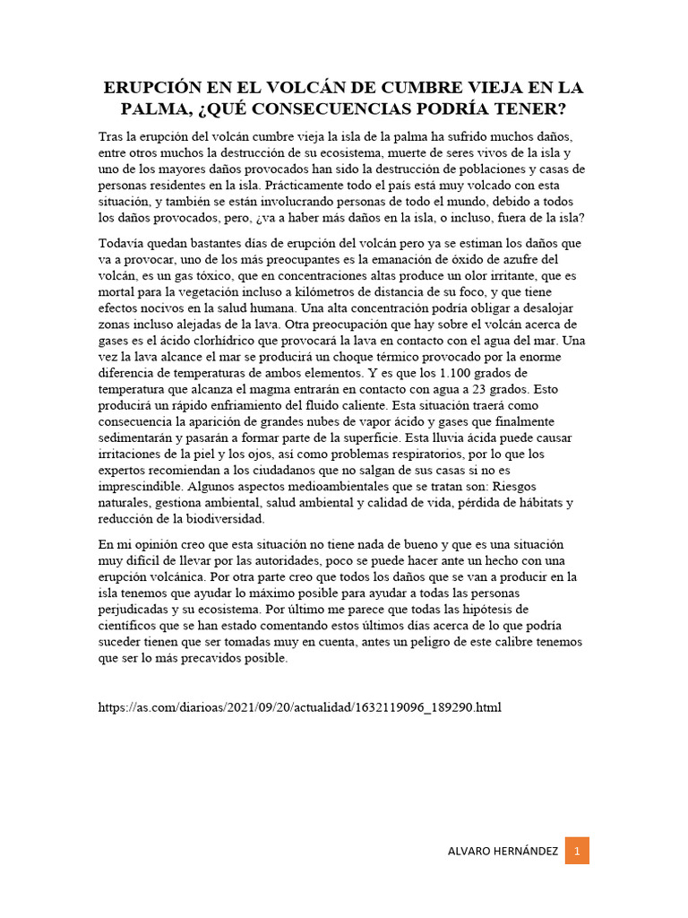 Erupción en El Volcán de Cumbre Vieja en La Palma, ¿Qué Consecuencias Podría Tener? | PDF ...